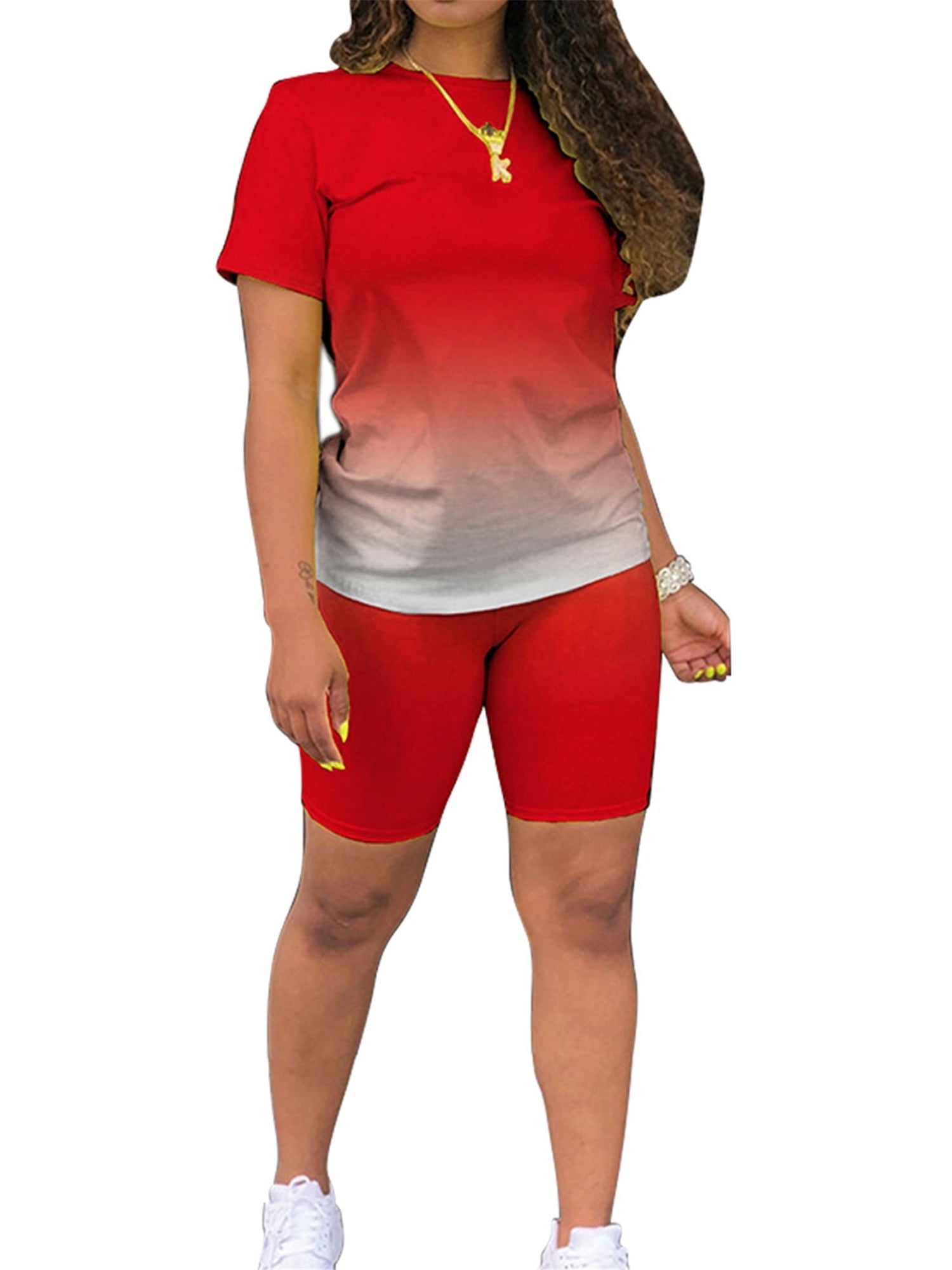 Summer Women's 2pcs Outfits: Short Sleeve T-Shirts & Gradient Color ...