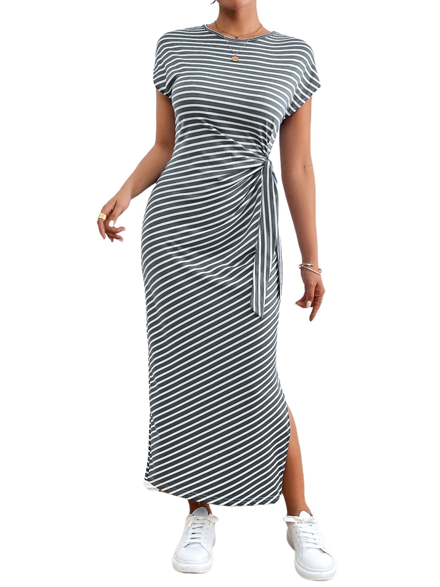 Sexy Dance Women's Summer Striped Short Sleeve T Shirt Dress Casual Tie ...