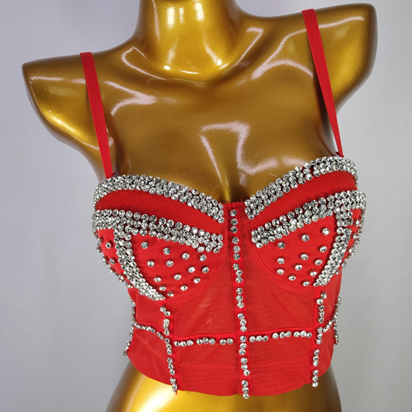 Sexy Deep V Bow Diamond Encrusted Top For Hot Girl In Nightclub Red M 5set