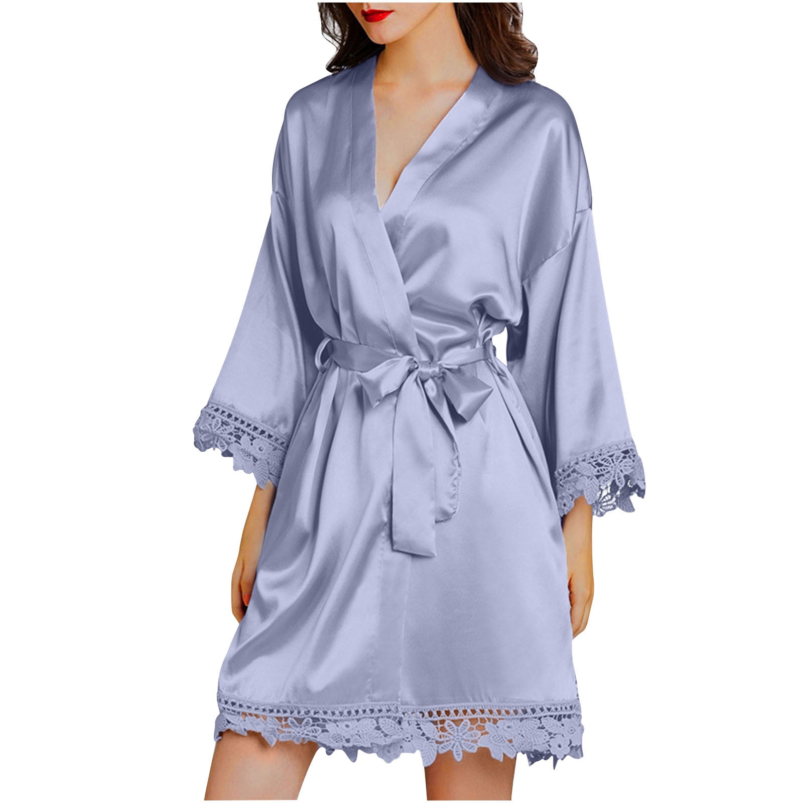 Sexy Dresses for Women Fashion Lace Waist Strap Wrap Nightgown Dresses Ladies 3/4 Sleeve Satin ...