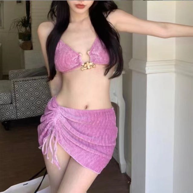 Sexy Green Korean Bikini Push Up 3 Pack Swimsuit with Skirt Bathers Bandage Beach Wear Swimwear ...