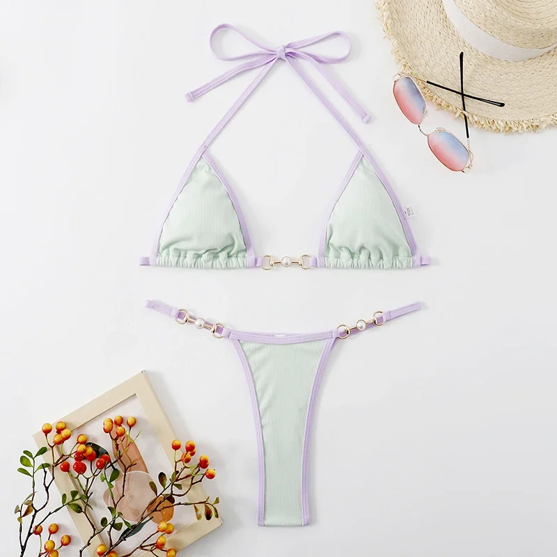 Sexy Halter Triangle Micro Thong Bikinis Set Women Swimwear Pearl Chain ...