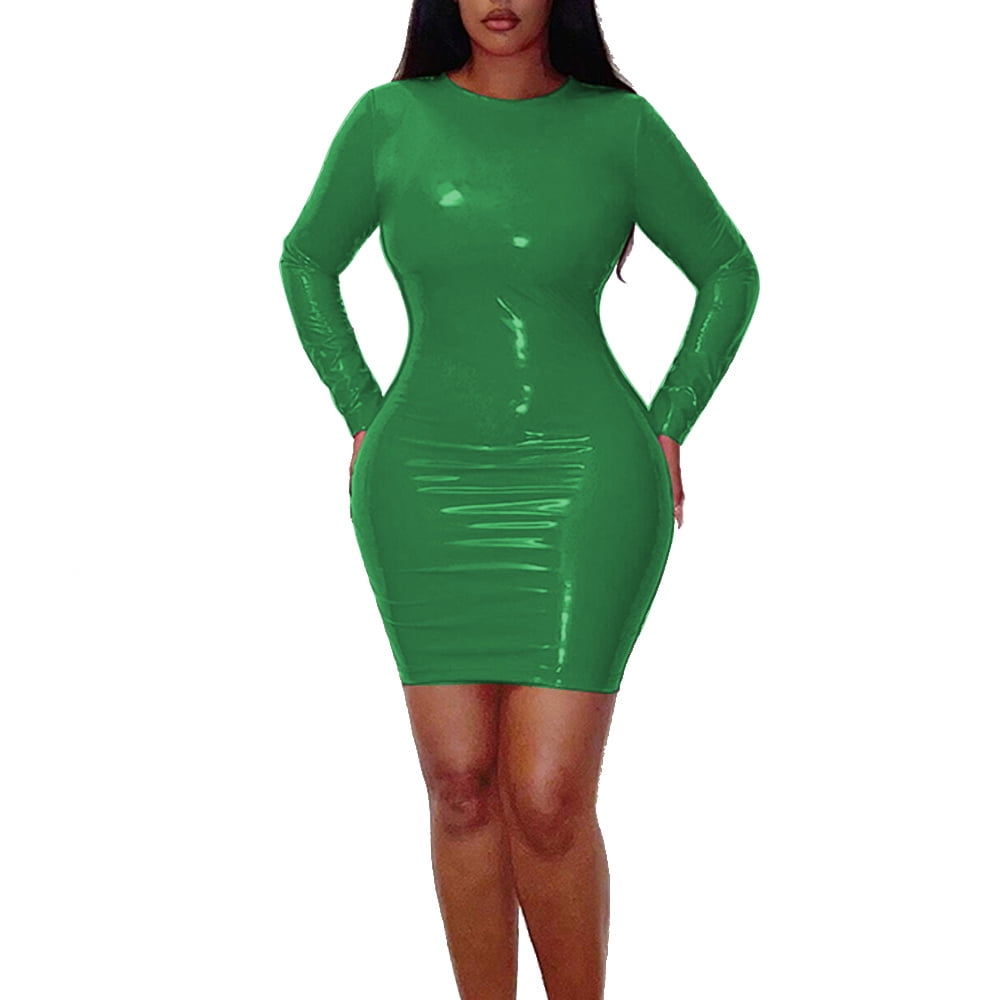 Sexy Lady PVC Stretch Bodycon Mini Dress Glossy Latex Look Women Long ...
