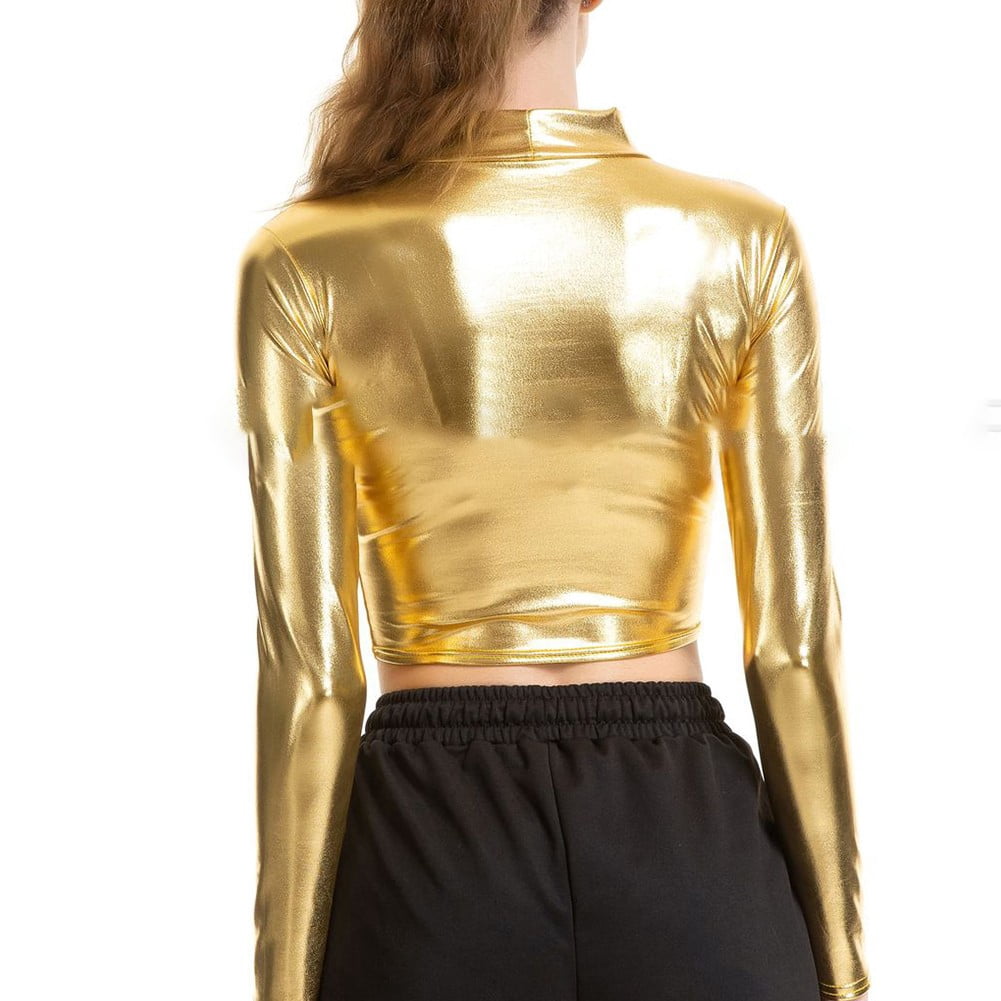 Sexy Lady Shiny Wetlook Faux Leather Top Women T-Shirt Mock Neck Long ...