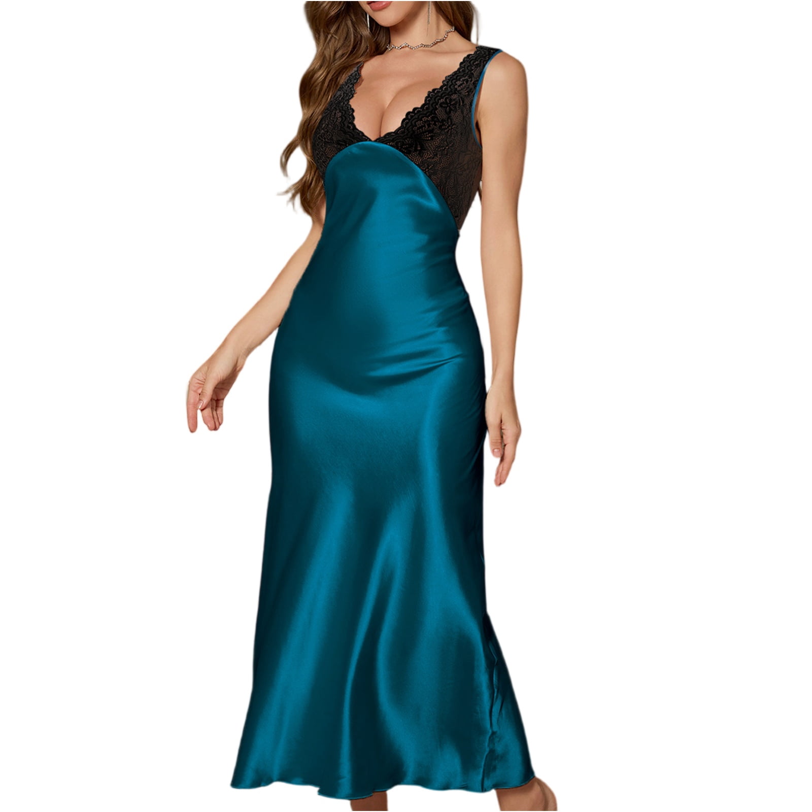 Sexy Long Loungewear Patchwork Lace Deep V-Neck Nightdress Chemise ...