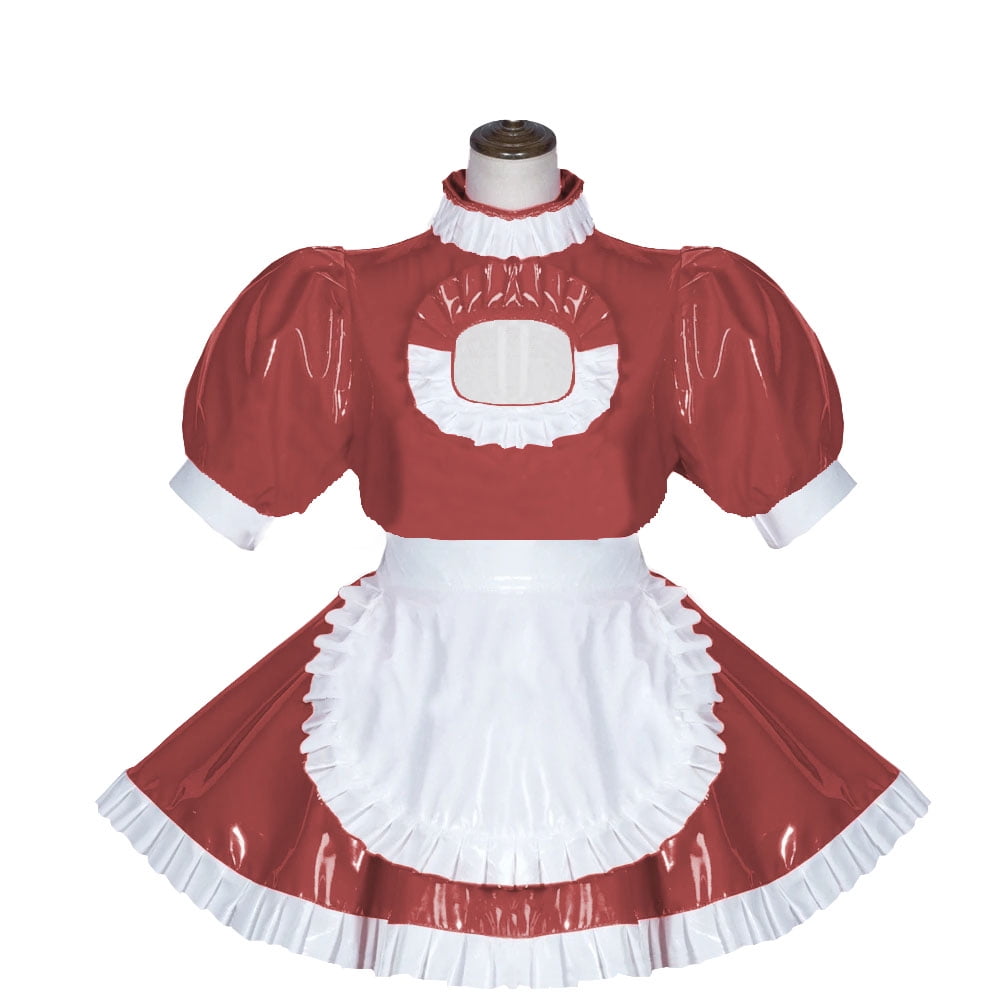 Sexy Maid Dress Shiny PVC Clubwear Turtleneck Short Sleeve A-Line Dress ...