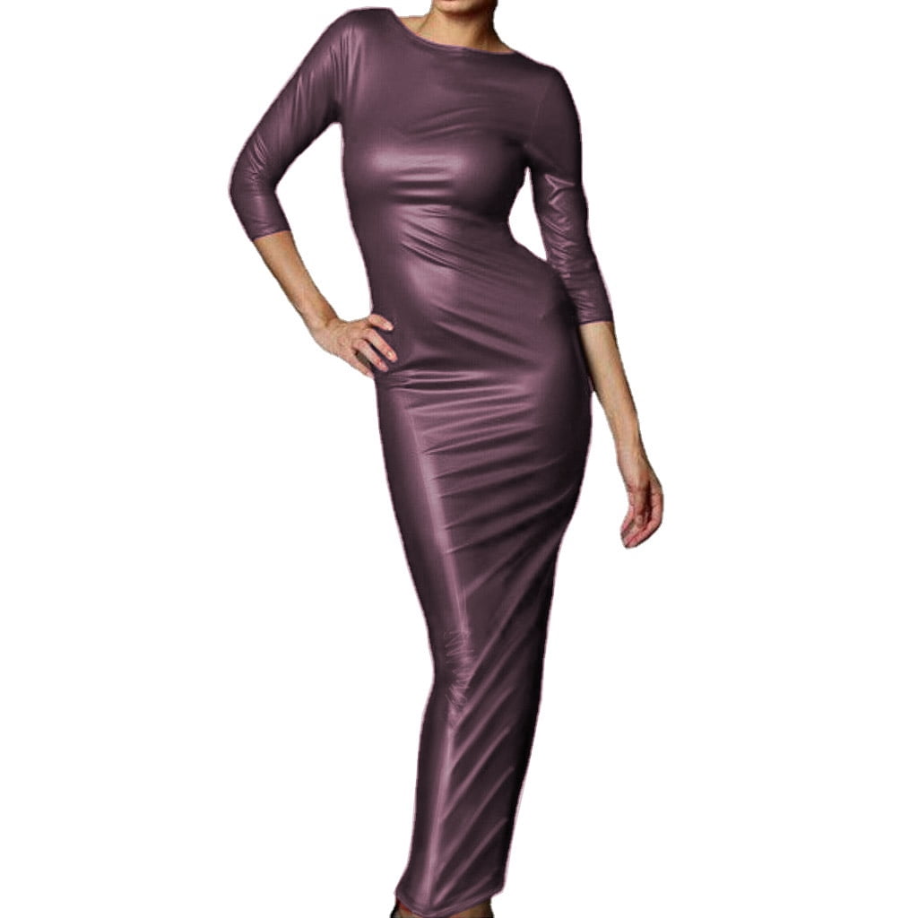 Sexy Matte PU Leather Long Dress Women Three Quarter Sleeves Hobble ...