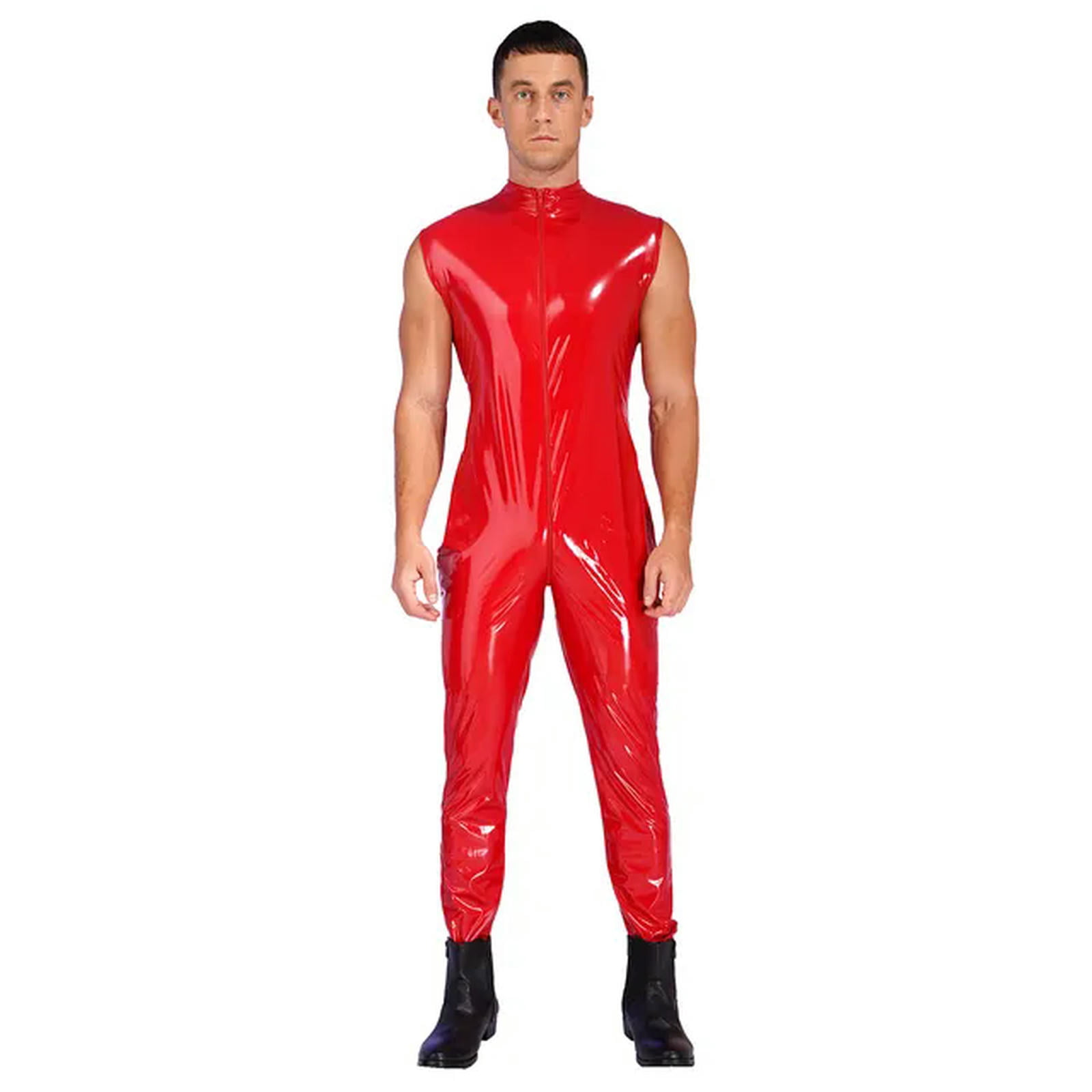 Sexy Mens Zipper Open Crotch Jumpsuit Shiny Wet Look Patent Leather