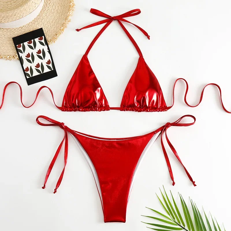 Sexy Metallic Halter Bikinis Sets Lace Up Triangle Tie Side Bikini 2024 ...