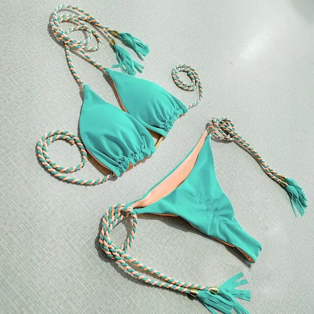 Sexy Micro Bikini 2024 Woman Swimsuit Blue Tassel Swimwear Women String