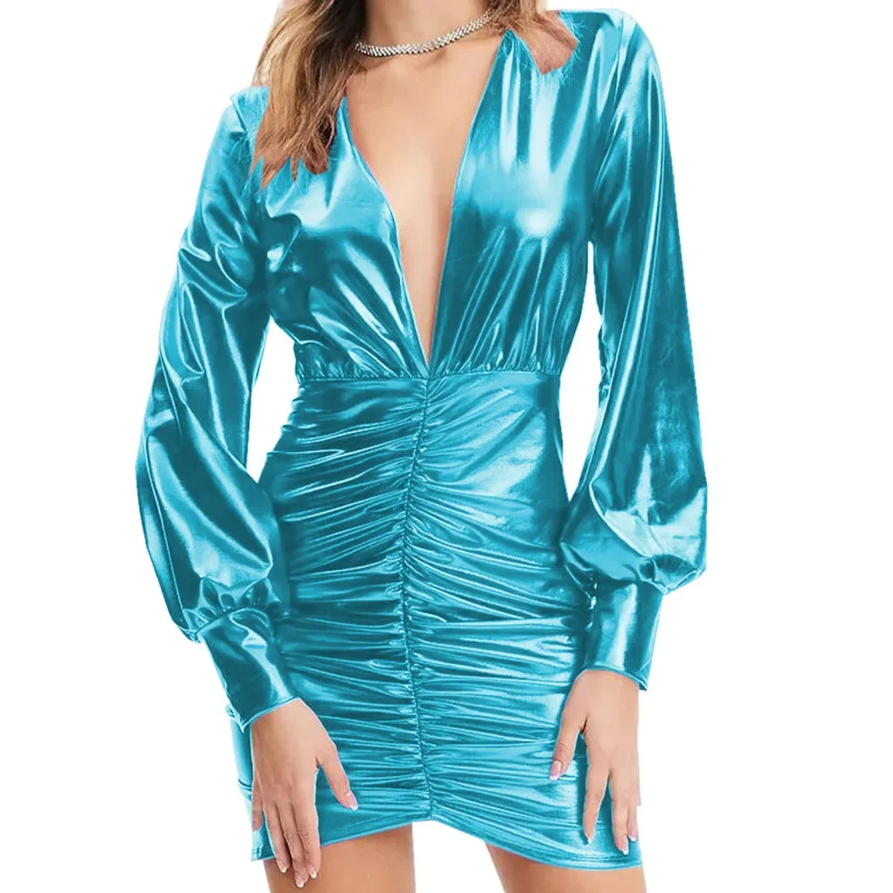 Sexy Mini Dress Plunging Neckline Shiny Metallic Elegant Long Lantern Sleeve Shirred Dress Raves