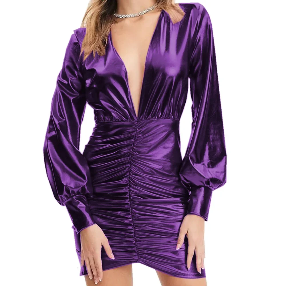 Sexy Mini Dress Plunging Neckline Shiny Metallic Elegant Long Lantern Sleeve Shirred Dress Raves ...