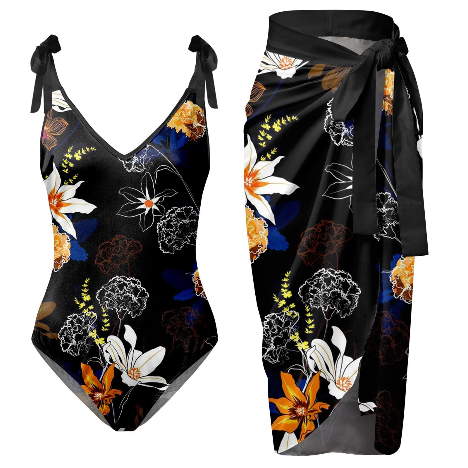 Sexy Monokini For Women Stylish V Neck Flower Printed Skirt Sets Slim