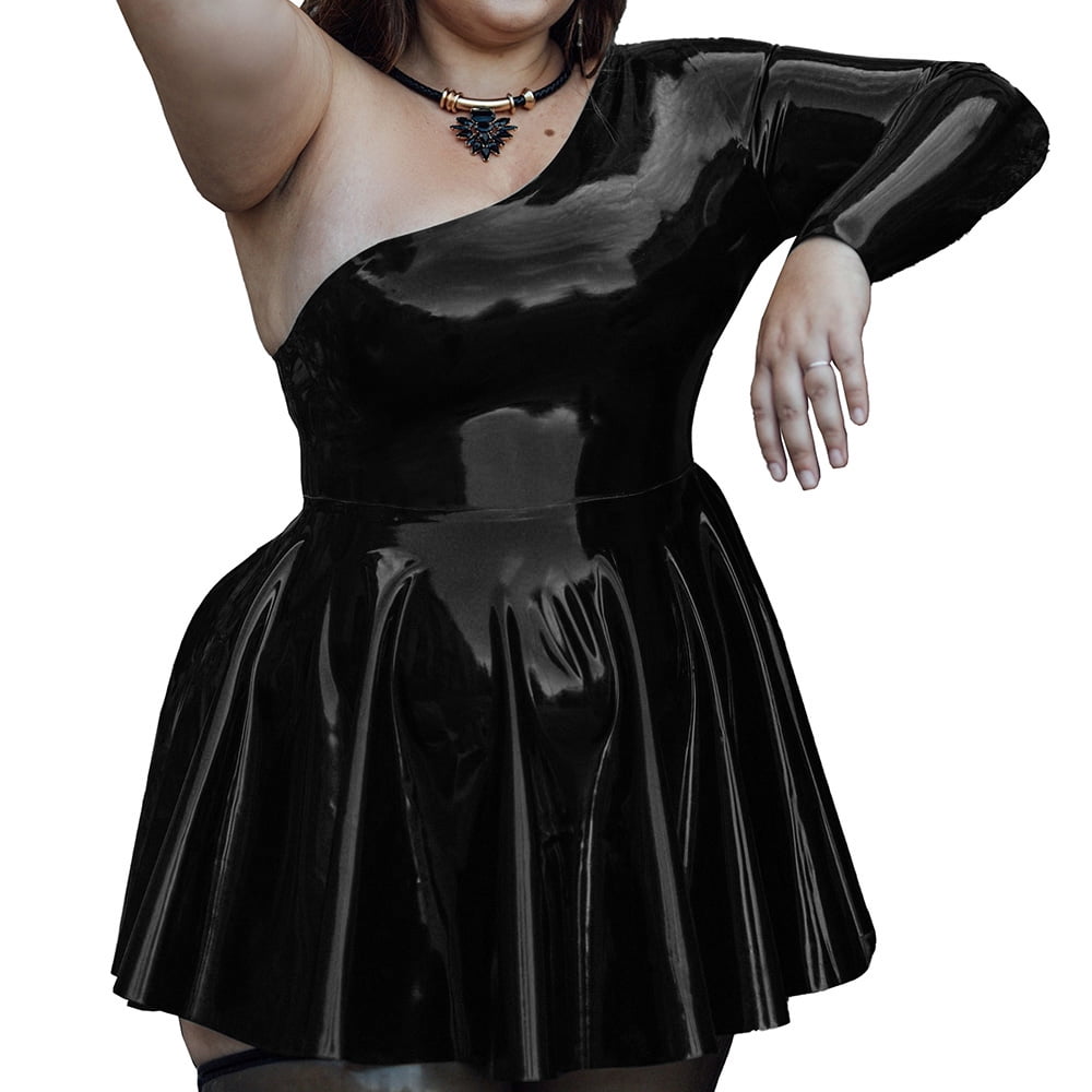 Sexy One Shoulder Long Sleeve Party Mini Dress Shiny PVC Leather Off ...