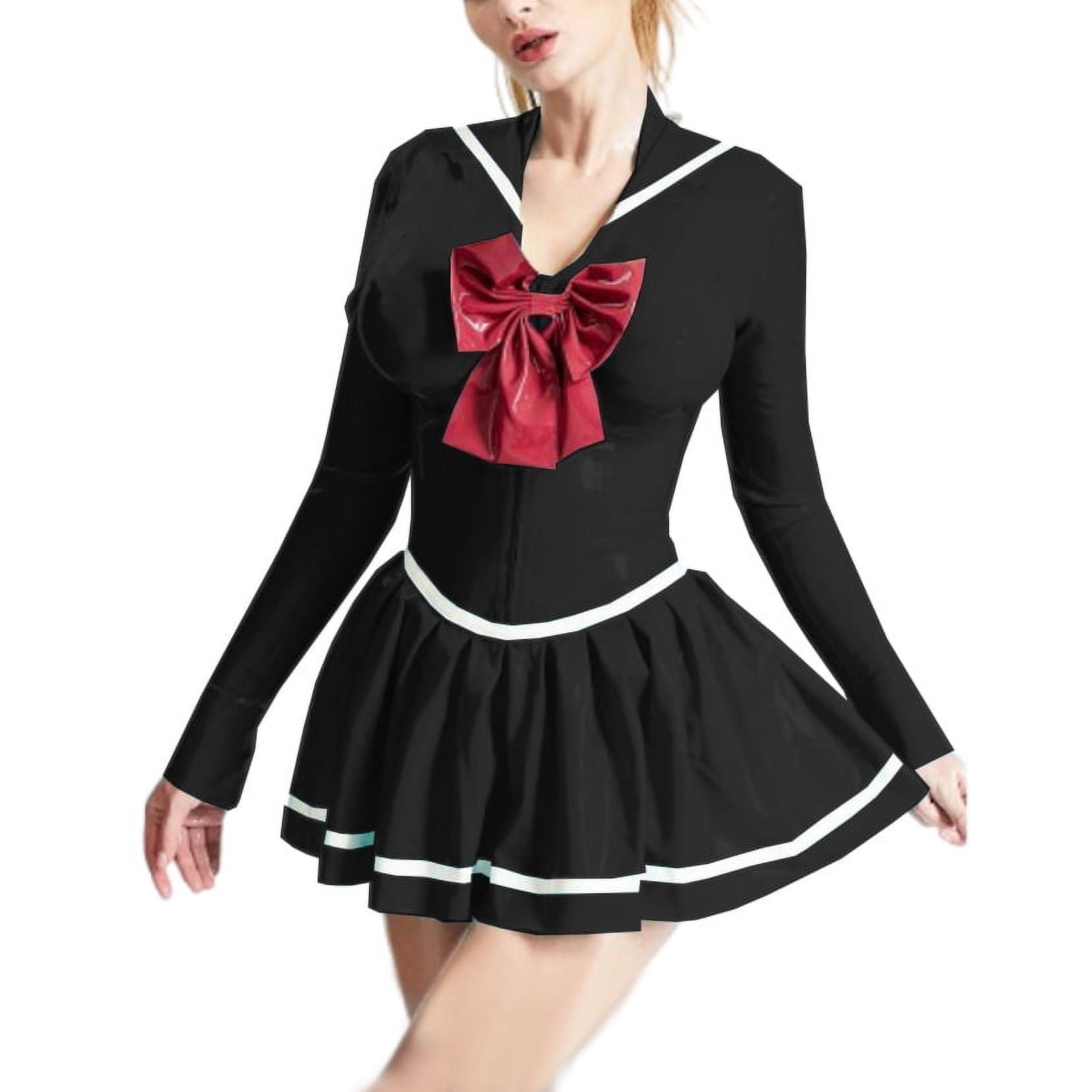 Sexy PVC Leather Long Sleeve Dress Bow Sailor Neck Front Zip-up Pleated ...