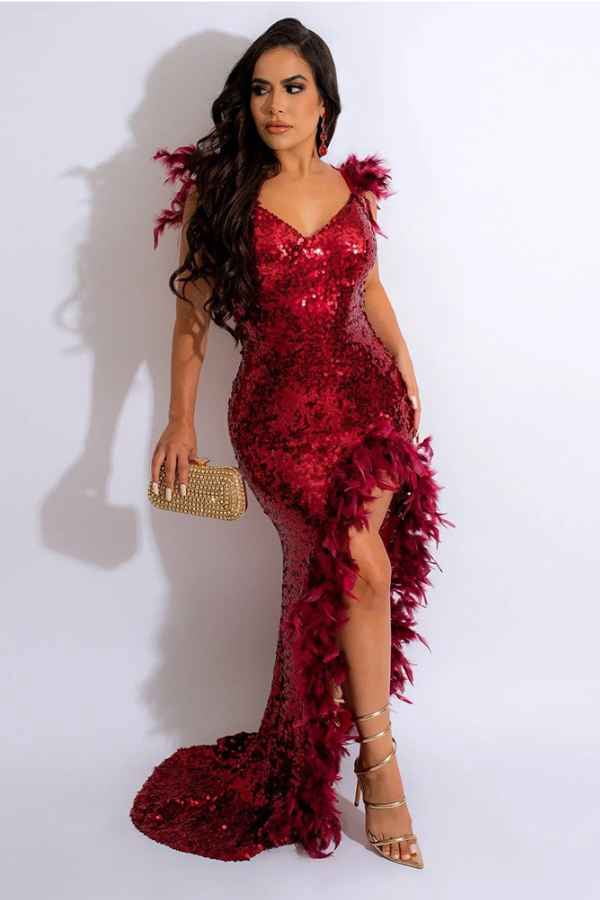 Sexy Party Feather Sequined Backless Evening Gown Dress (XL, LightPink ...