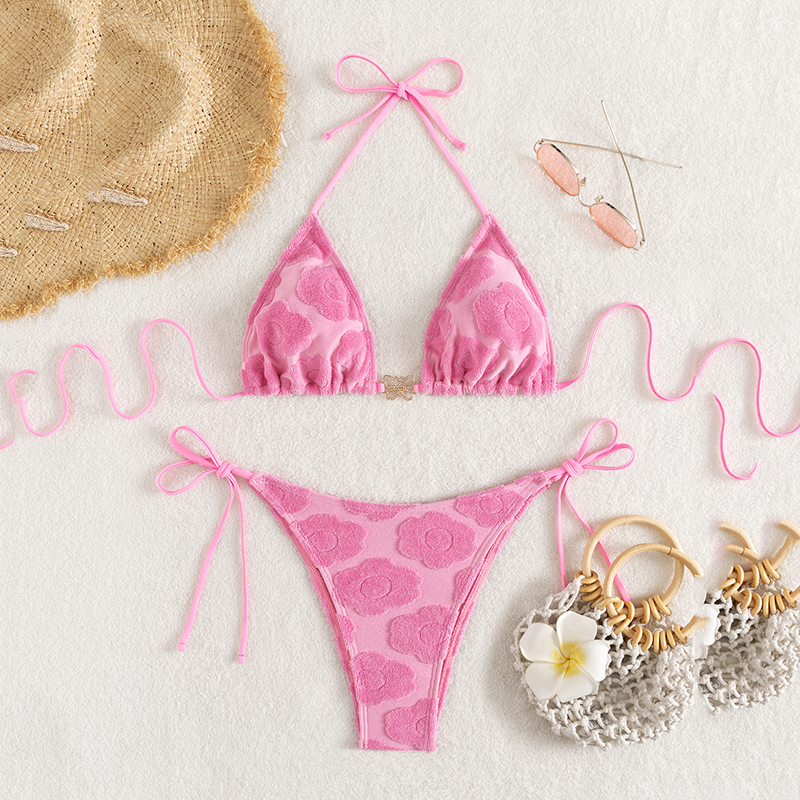 Sexy Pink Flower Lint Swimsuit Halter Micro Thong Bikinis Set Women ...
