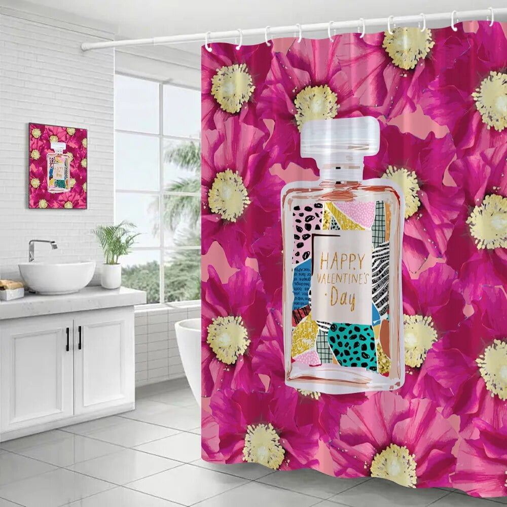 Sexy Pink Leopard Shower Curtains Red Lips Cosmetics Perfume Love Heart