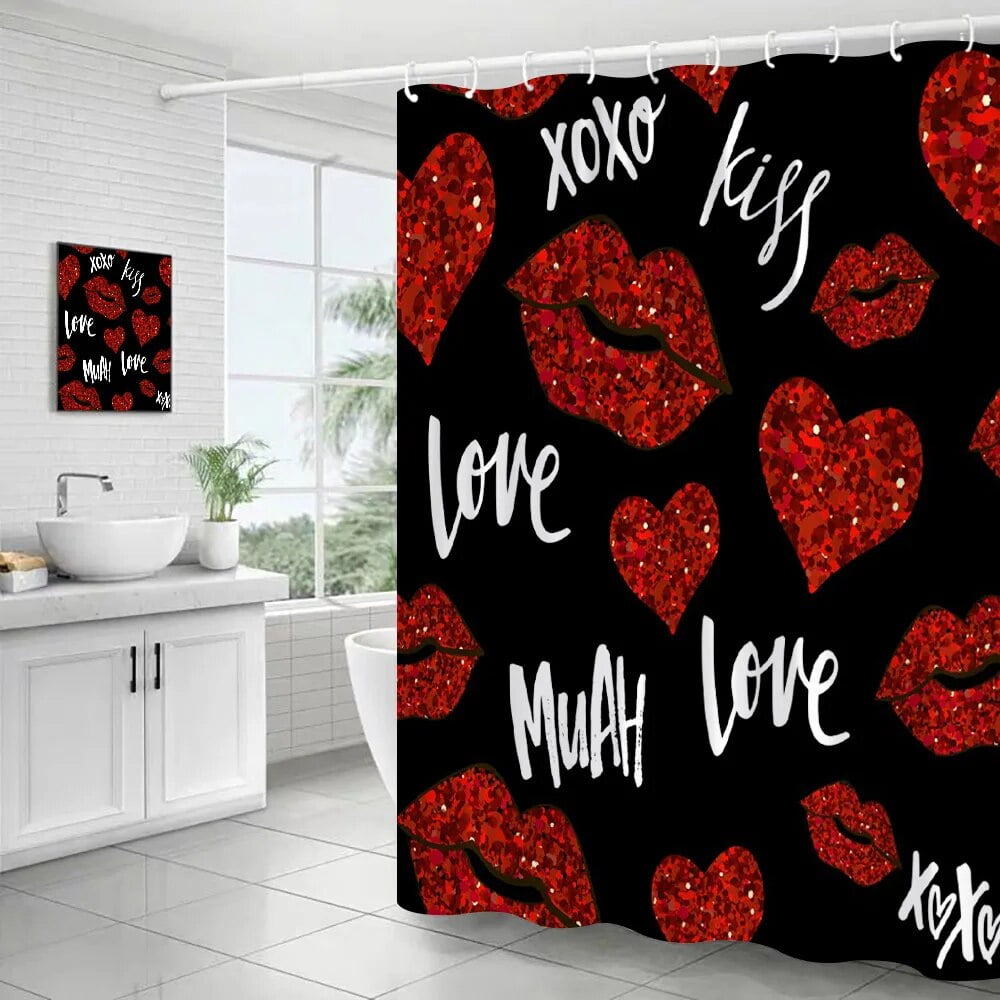 Sexy Pink Leopard Shower Curtains Red Lips Cosmetics Perfume Love Heart