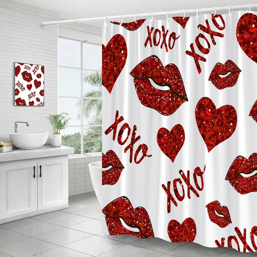 Sexy Pink Leopard Shower Curtains Red Lips Cosmetics Perfume Love Heart