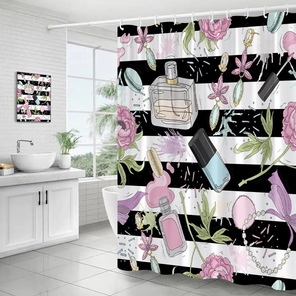 Sexy Pink Leopard Shower Curtains Red Lips Cosmetics Perfume Love Heart