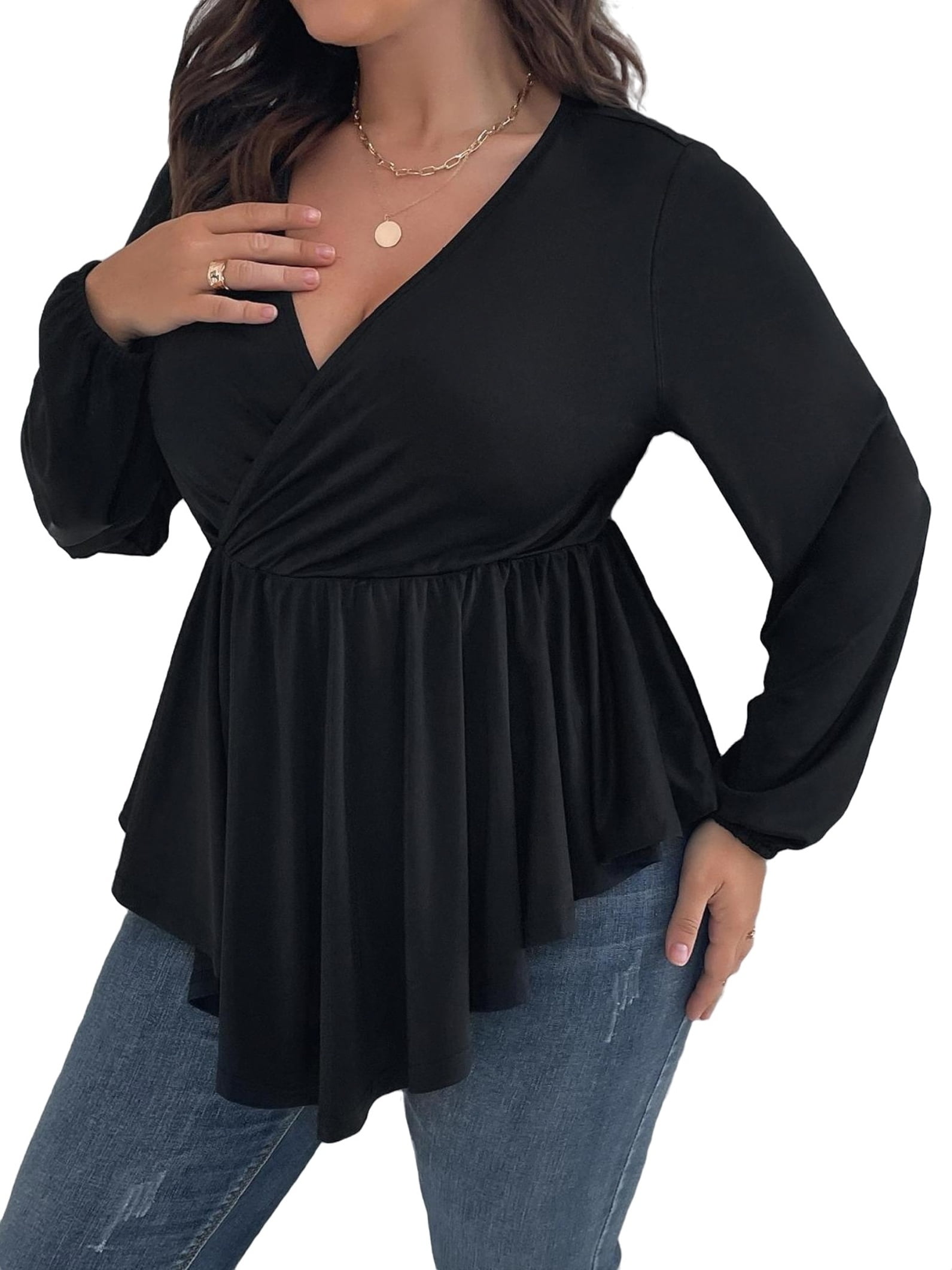 Sexy Plain Deep V Neck Tee Long Sleeve Black Plus Size T-shirts (Women ...