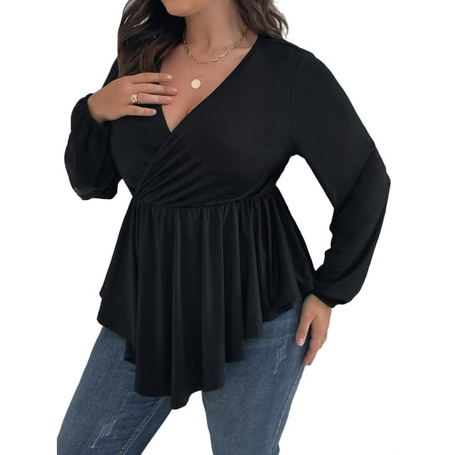 Sexy Plain Deep V Neck Tee Long Sleeve Black Plus Size T-shirts (Women ...
