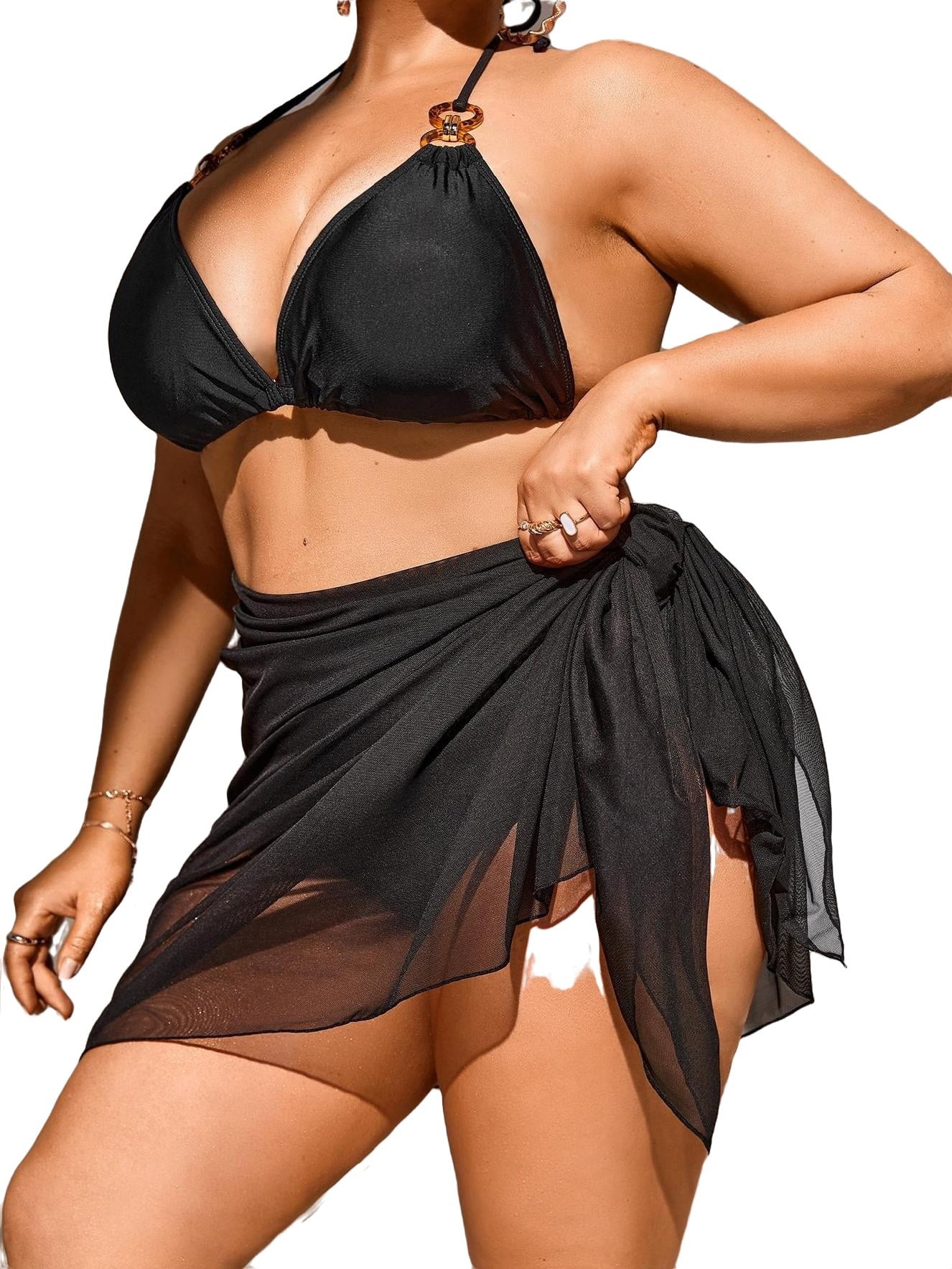 Sexy Plain Halter Black Plus Size Bikini Sets Womens Plus