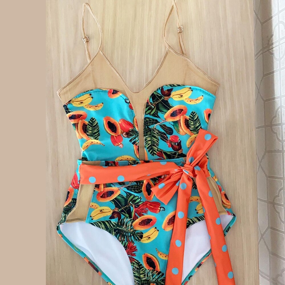 Sexy Print Floral One Piece Strappy Swimwear Women Backless Swimsuit ...