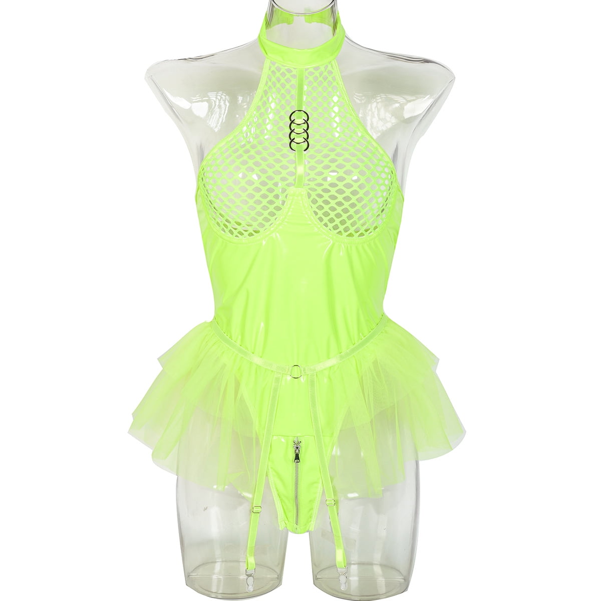 Sexy Pu Patent Leather Mesh Joint Halter Underwear Mesh Tutu Skirt ...