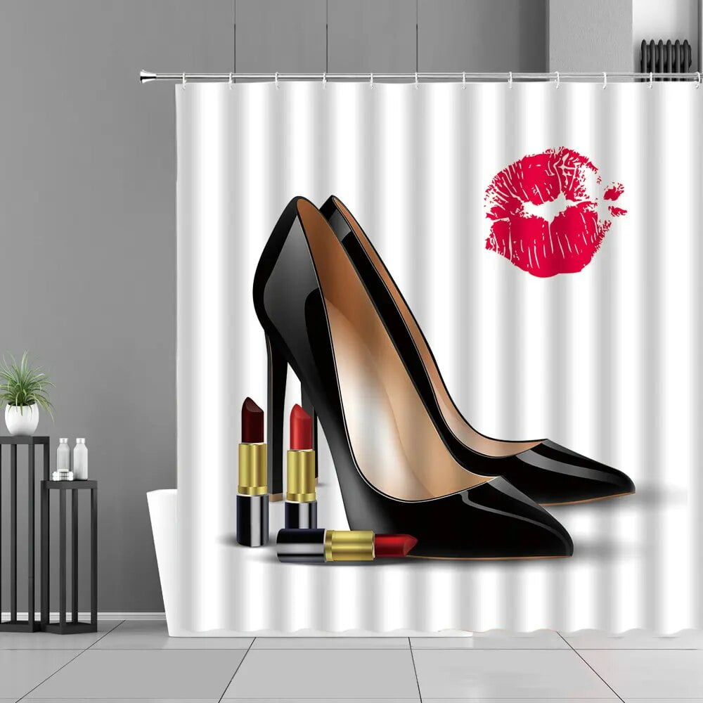 Sexy Red Lips Leopard Print High Heel Shower Curtain Cosmetic Perfume ...