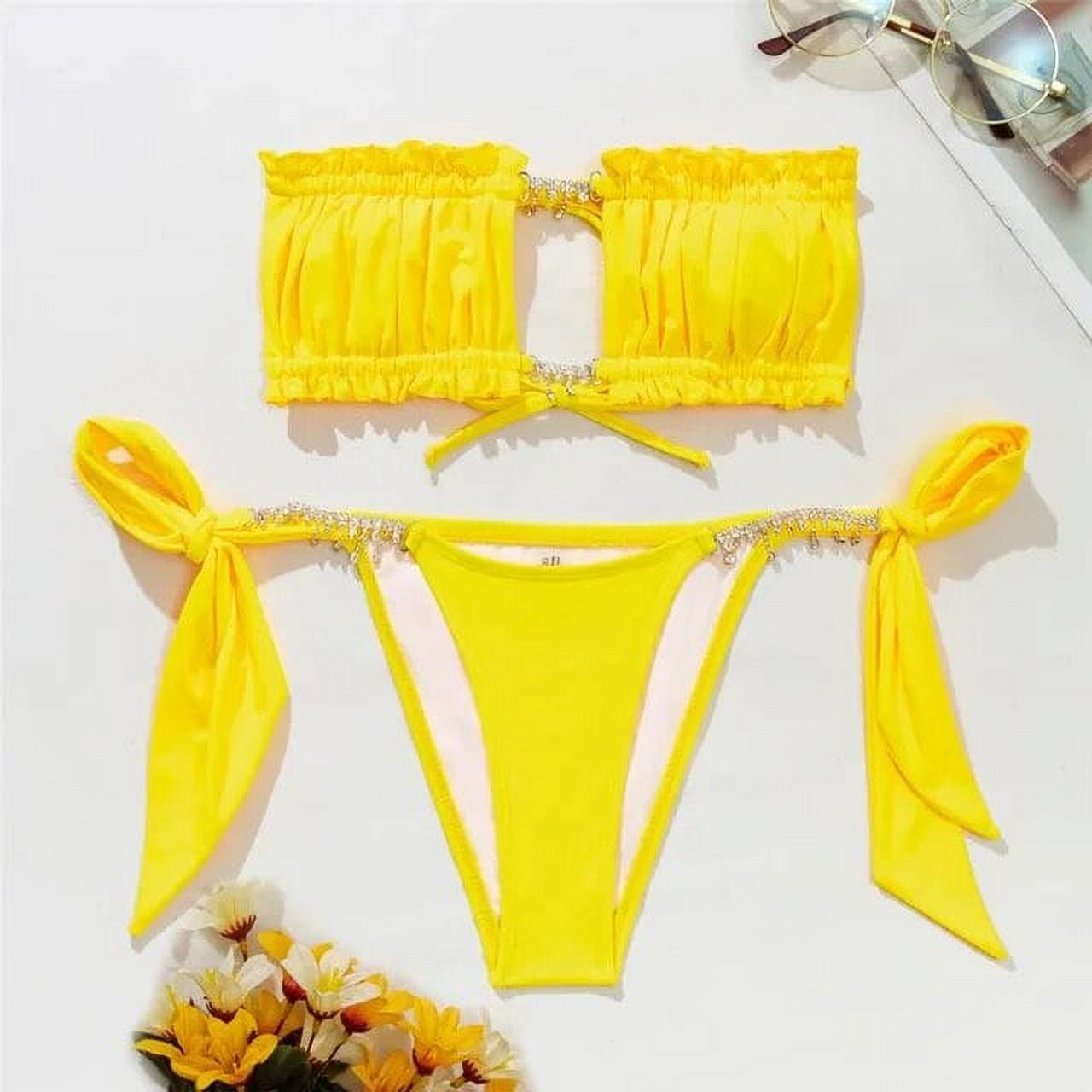 Sexy Rhinestone Chain Micro Thong Bikini Women Swimwear Ruffled Bandeau