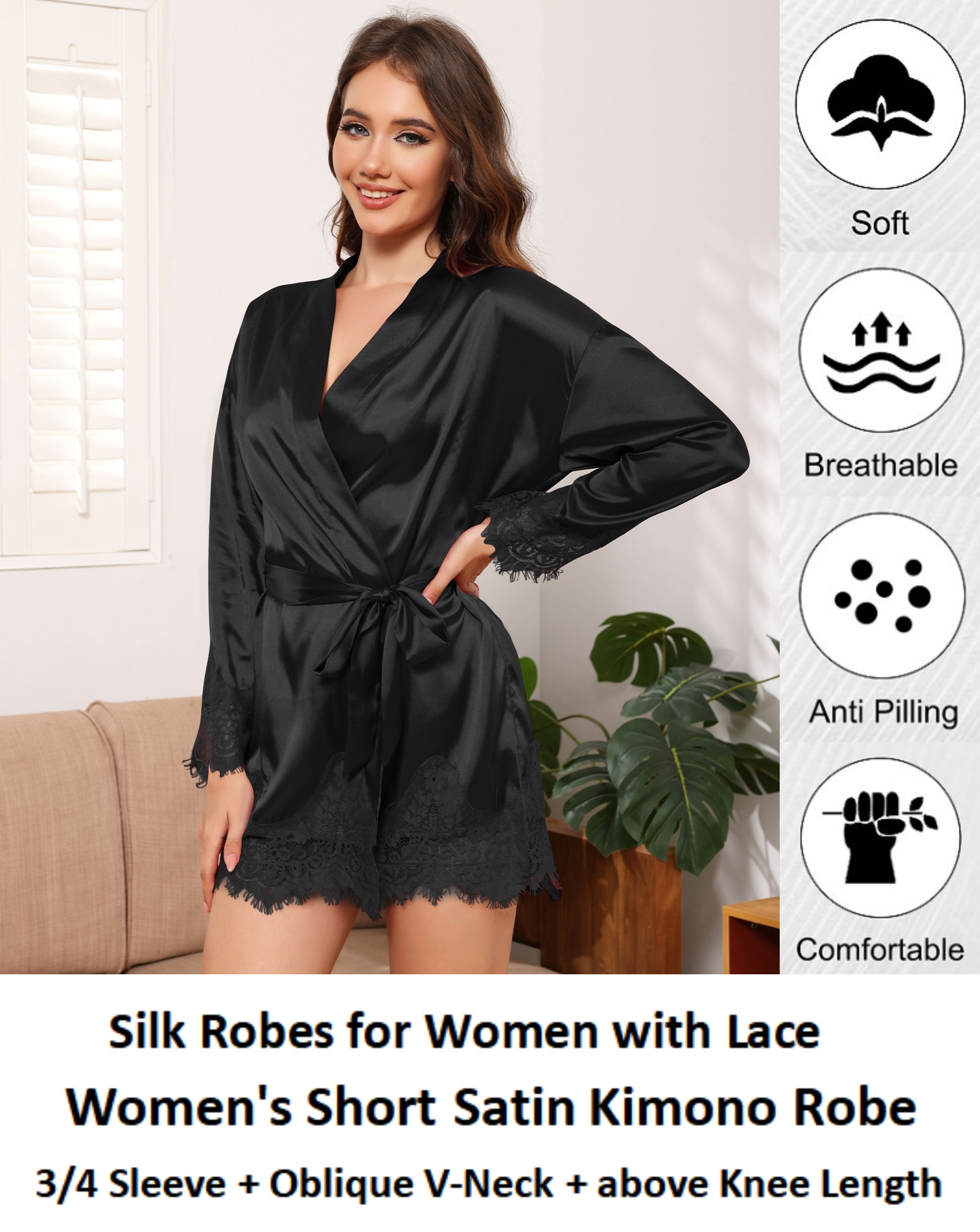 Sexy Satin Robe for Women Lace Trim Silk Robe Womens Silk Kimono Robe ...