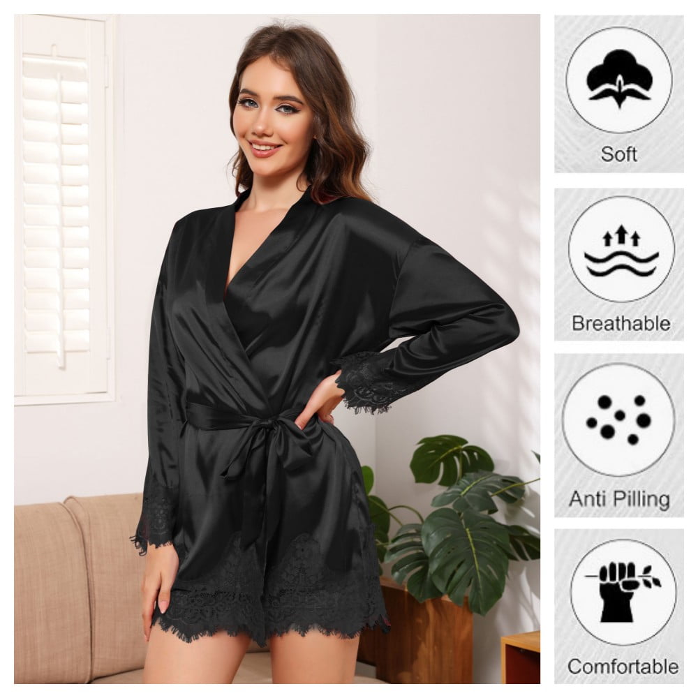 Sexy Satin Robe for Women Lace Trim Silk Robe Womens Silk Kimono Robe ...