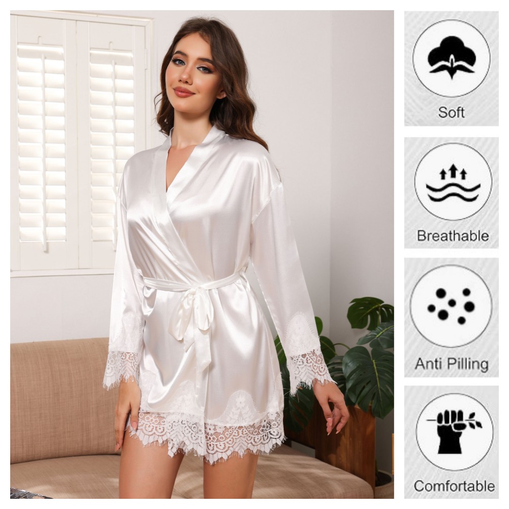 Floral lace robe with scalloped trim and satin belt 60082-BLACK ...