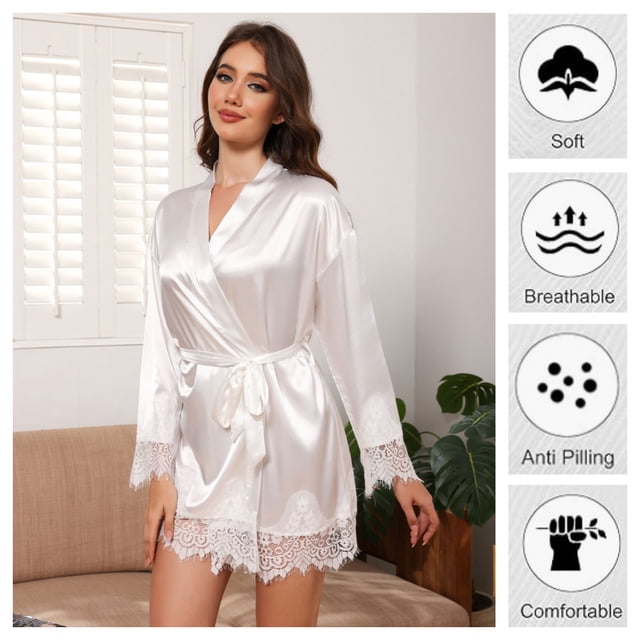 Sexy Satin Robe for Women Lace Trim Silk Robe Womens Silk Kimono Robe ...