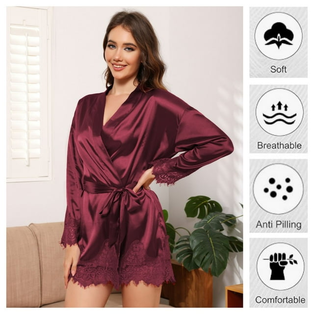 Sexy Satin Robe for Women Lace Trim Silk Robe Womens Silk Kimono Robe ...