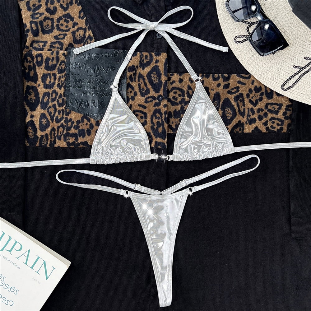 Sexy Shiny Silver Triangle Micro Bikinis Mujer String Halter Swimwear ...