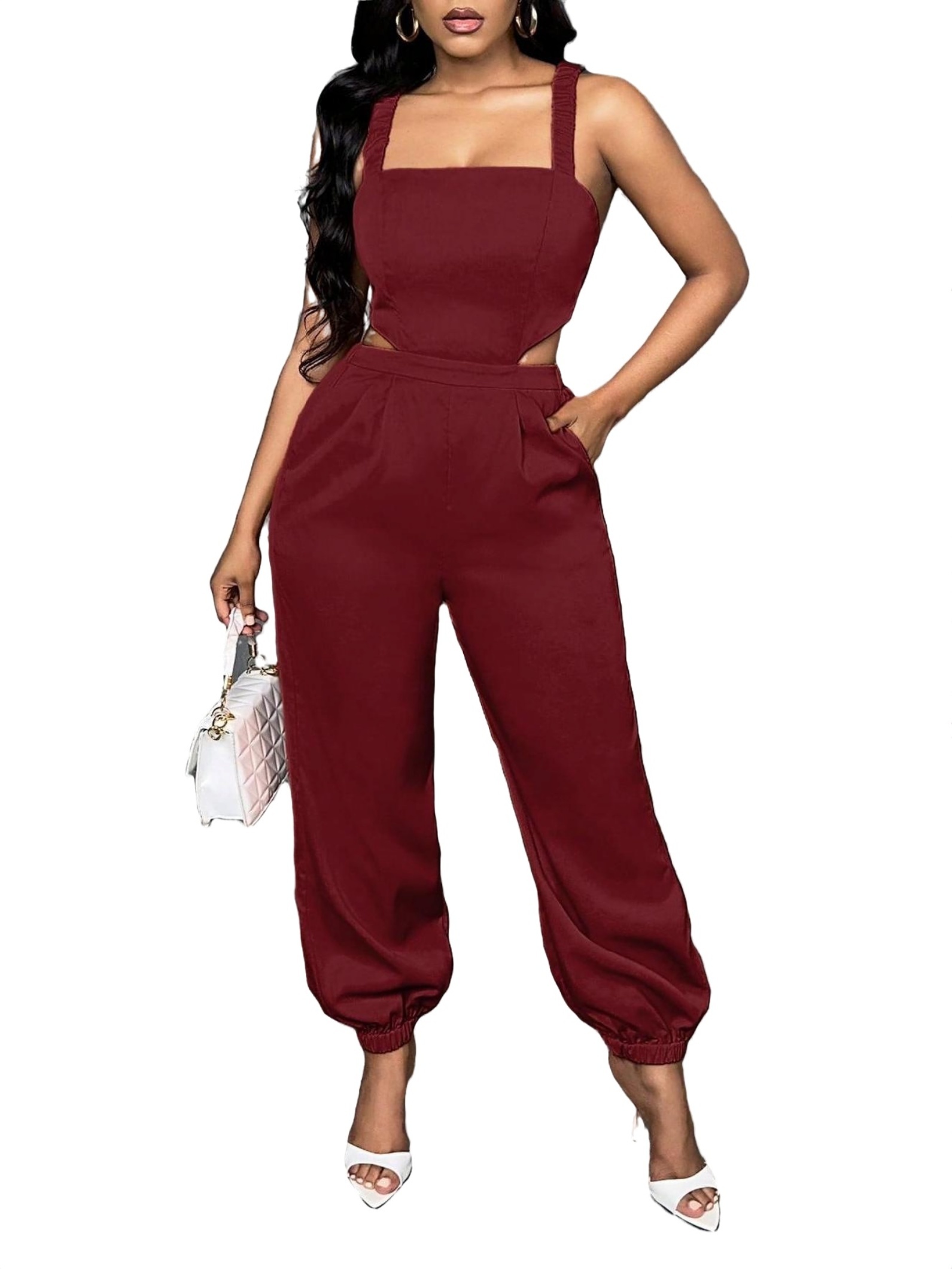 Sexy Solid Cami Jumpsuit Burgundy Women Jumpsuits - Walmart.com
