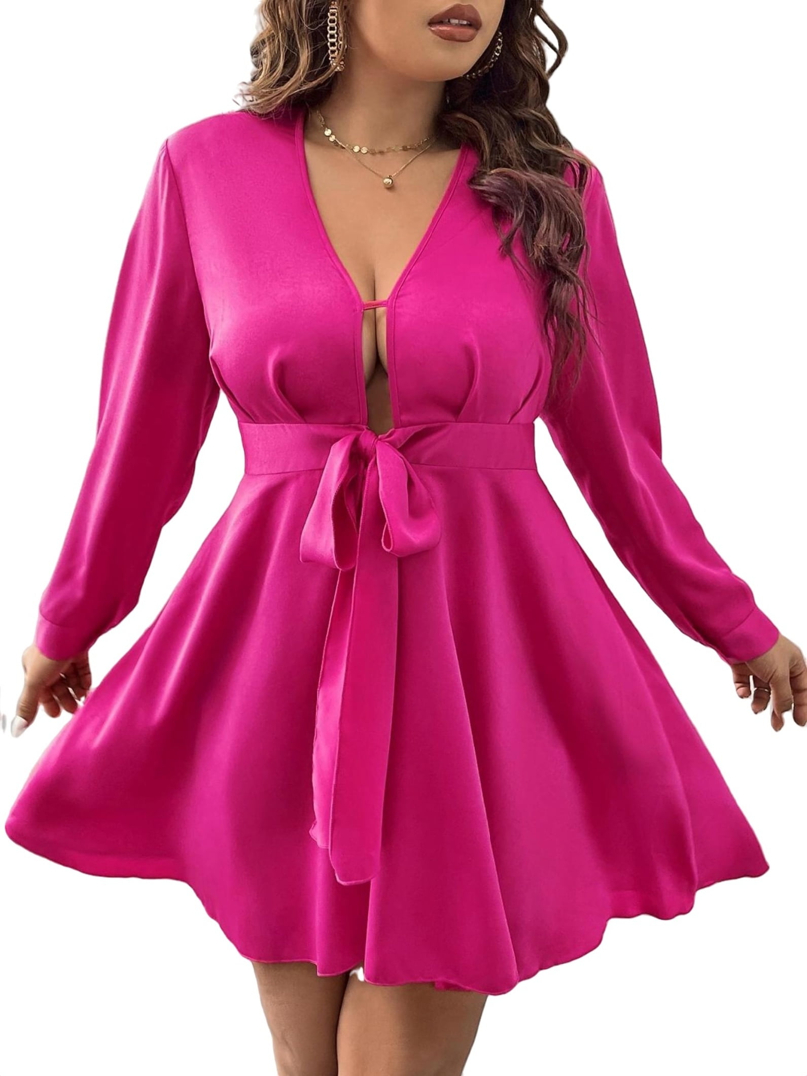 Sexy Solid Deep V Neck A Line Long Sleeve Hot Pink Plus Size Dresses