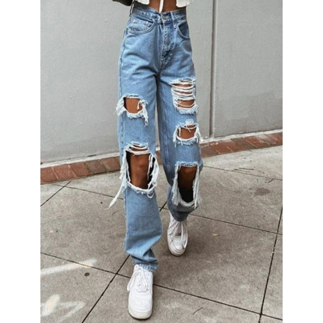 Sexy Summer Ripped Jeans Woman High Waist Holes Destroyed Broken Wide ...