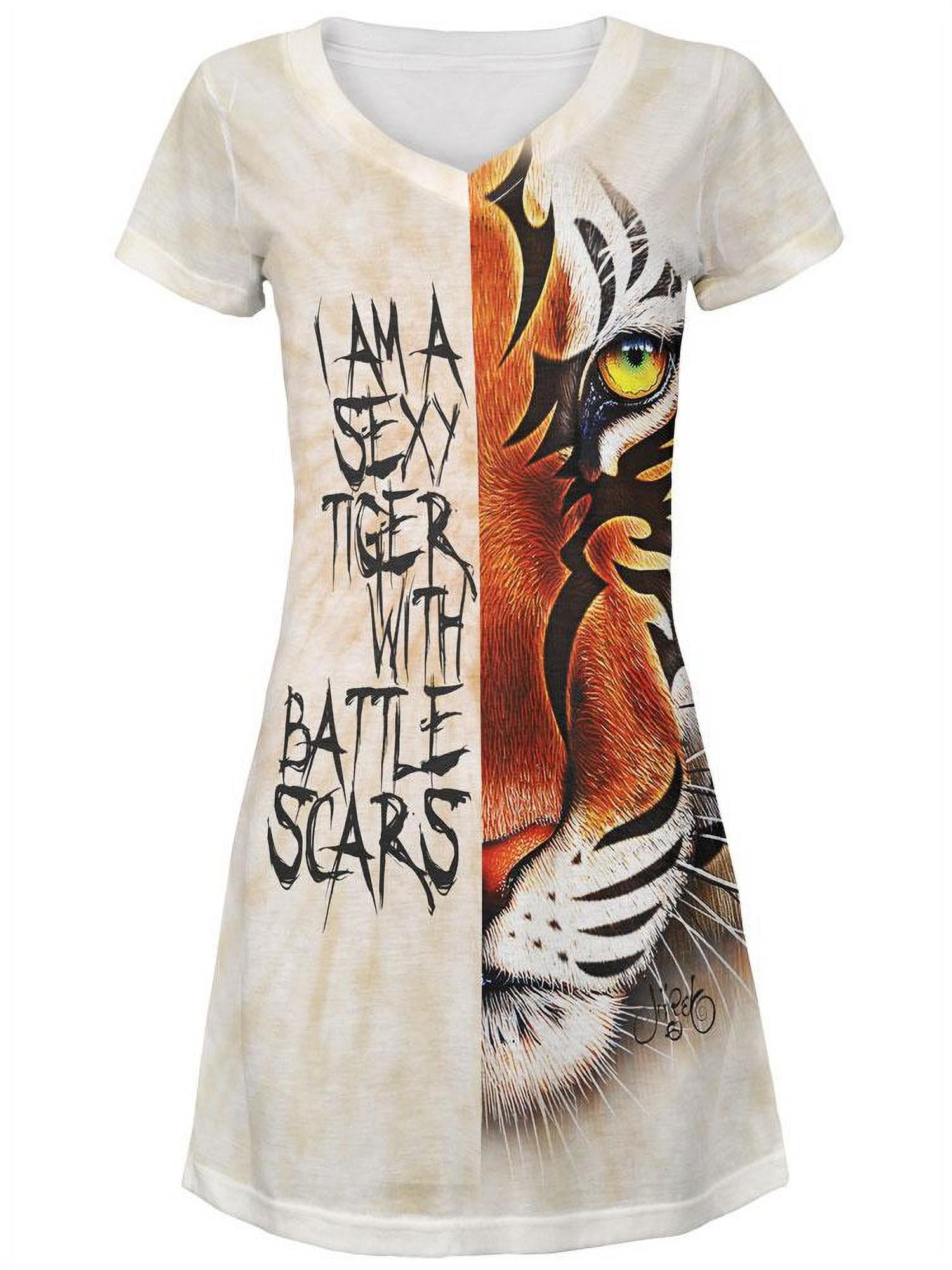 Sexy Tiger with Battle Scars Juniors V-Neck Beach Cover-Up Dress ...