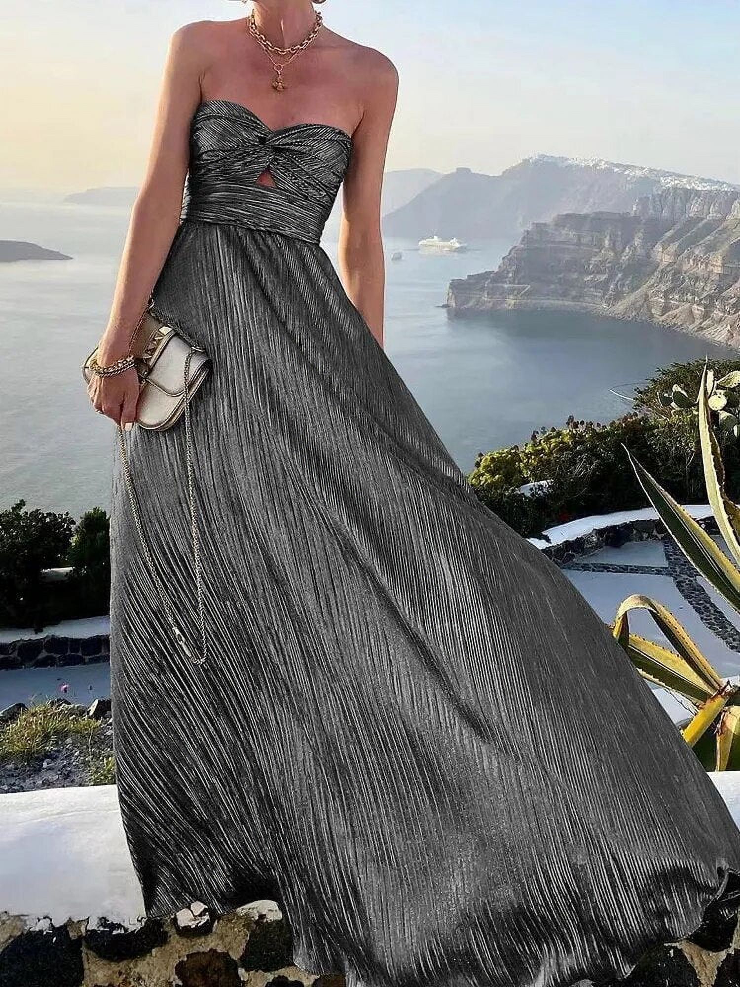 Sexy Twist Strapless Hollow Out Long Dress Women Boho Elegant Bronzing ...