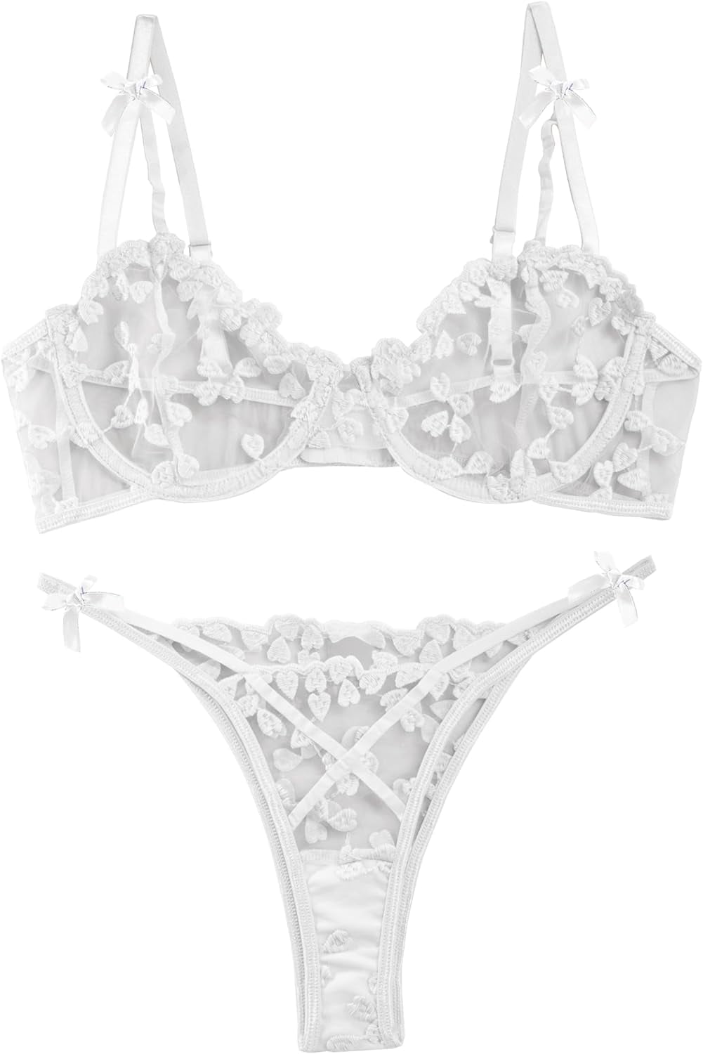 Sexy Underwire Cute Push Up Strappy Embroidered Mesh Sheer Lingerie Set See Through Panty Bra