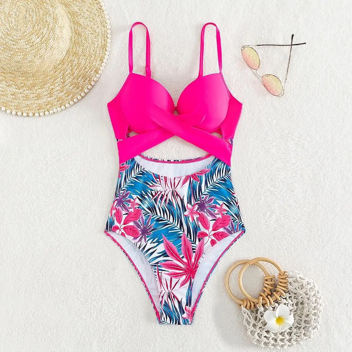 Sexy V-Neck One Piece Swimsuit For Women Print Push Up Swimwear ...