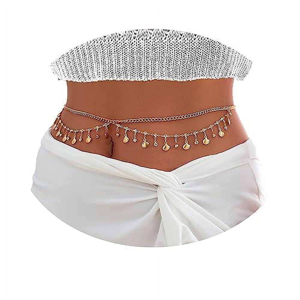 Sexy Wavy Tassel Belly Chain with Rhinestone 27-37 Inch for Women Girls 18K Gold Plated Waist ...