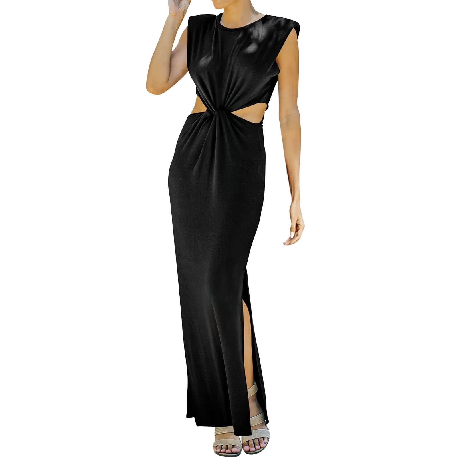 Sexy Women Cut out Bodycon Maxi Dress Slit Split Sleeveless Vneck Long ...