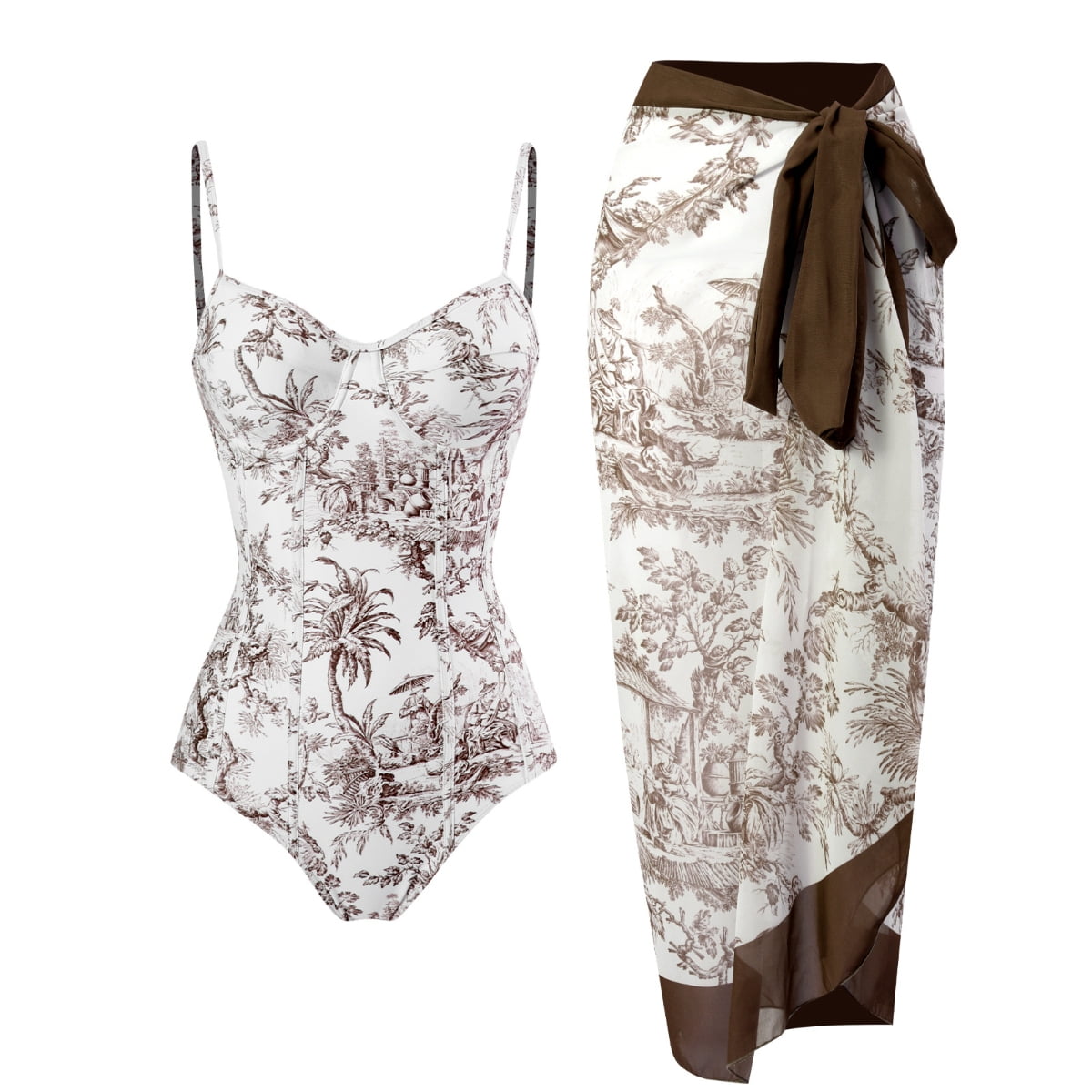 Sexy Women One Piece Swimsuit with Matching Cover Ups Vintage Floral Sexy High Cut Push Up Two ...