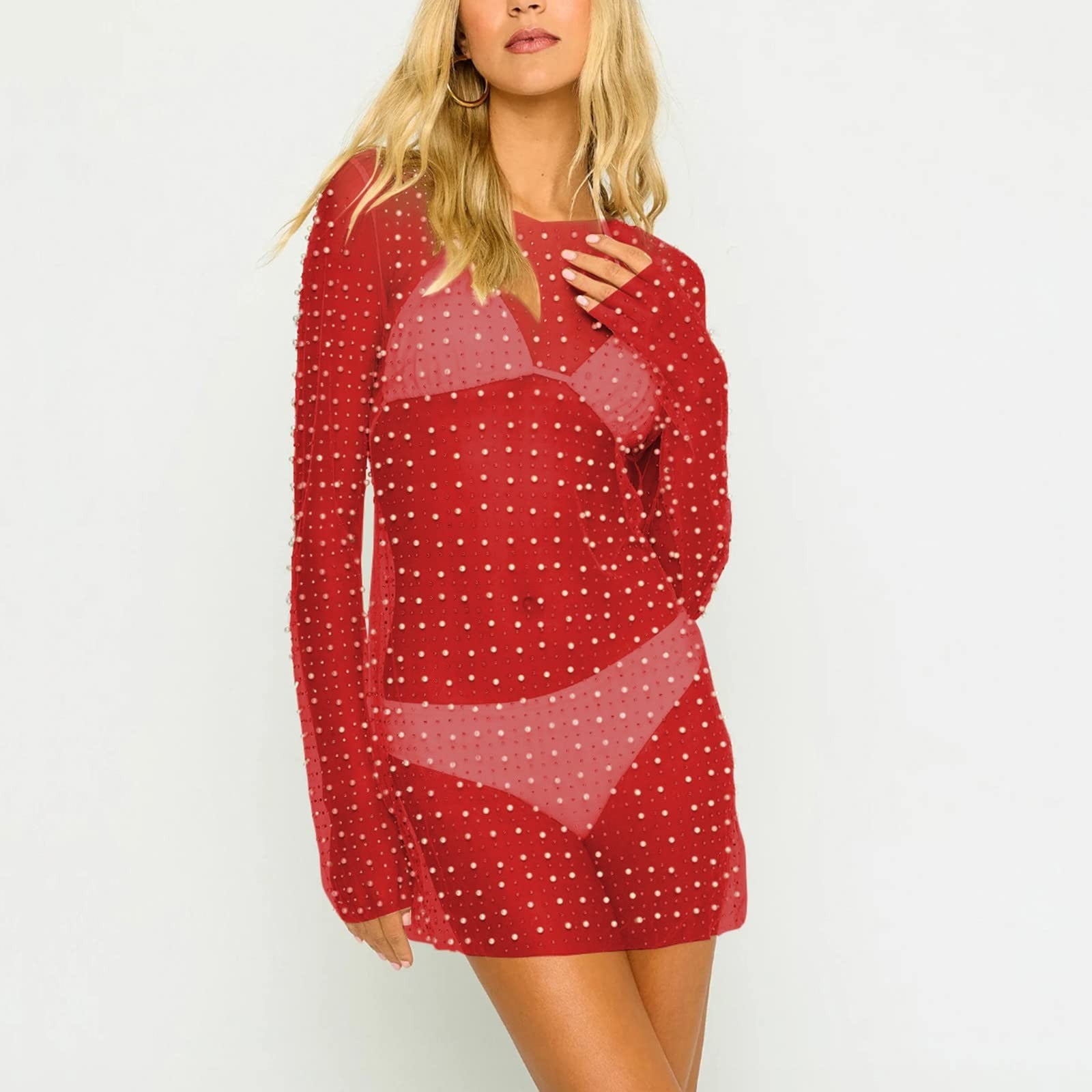 Sexy Women Sheer Pearl Cover Up Rhinestone Mesh Mini Dress Swimwear ...