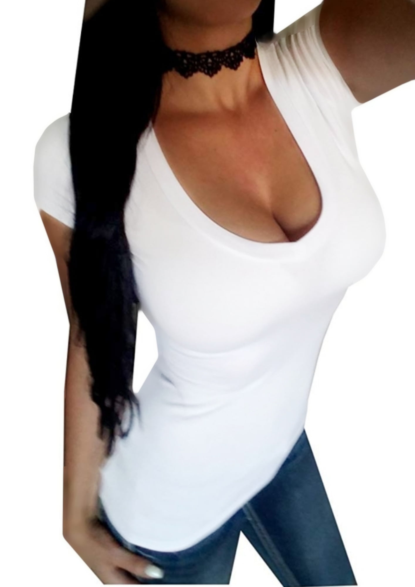Sexy Womens Low Cut Basic Deep V Neck Short Sleeve Solid Fitted Tee